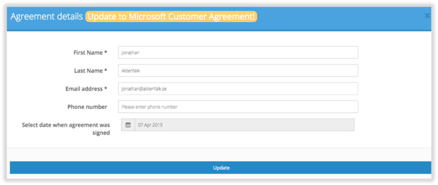 How do I accept the Microsoft Customer Agreement in Cloudmore?